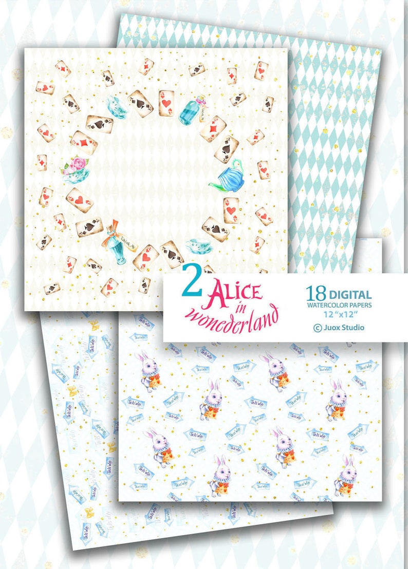 Alice 2 Paper Pack, Alice Digital Paper, Watercolor, Pink Blue Red ...