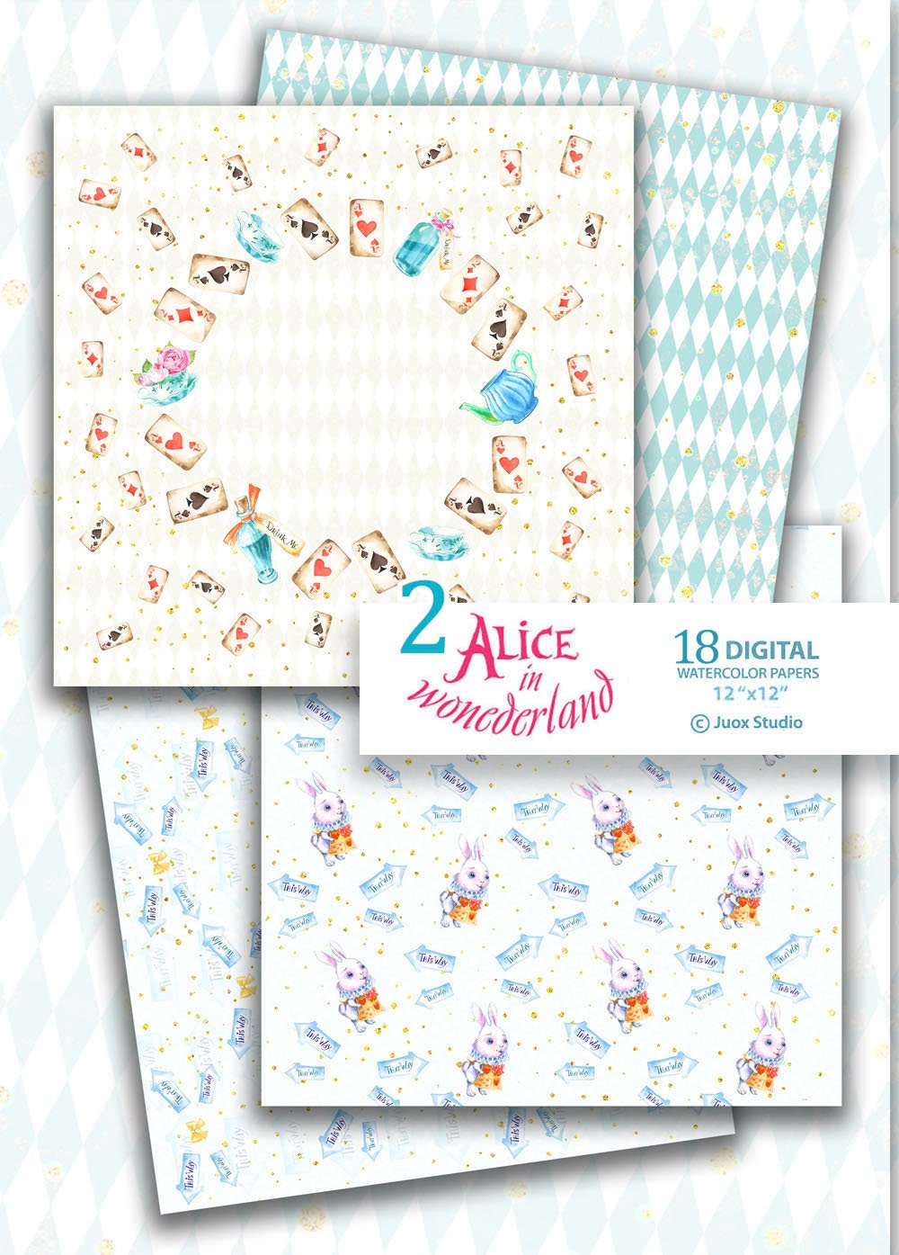 Alice 2 Paper Pack, Alice Digital Paper, Watercolor, Pink Blue Red ...