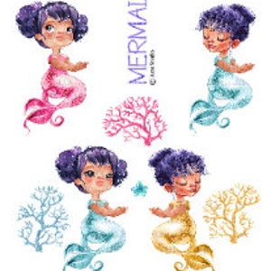 Violet Hair Mermaids Clipart, Fairytale Princess, Watercolor Clipart ...