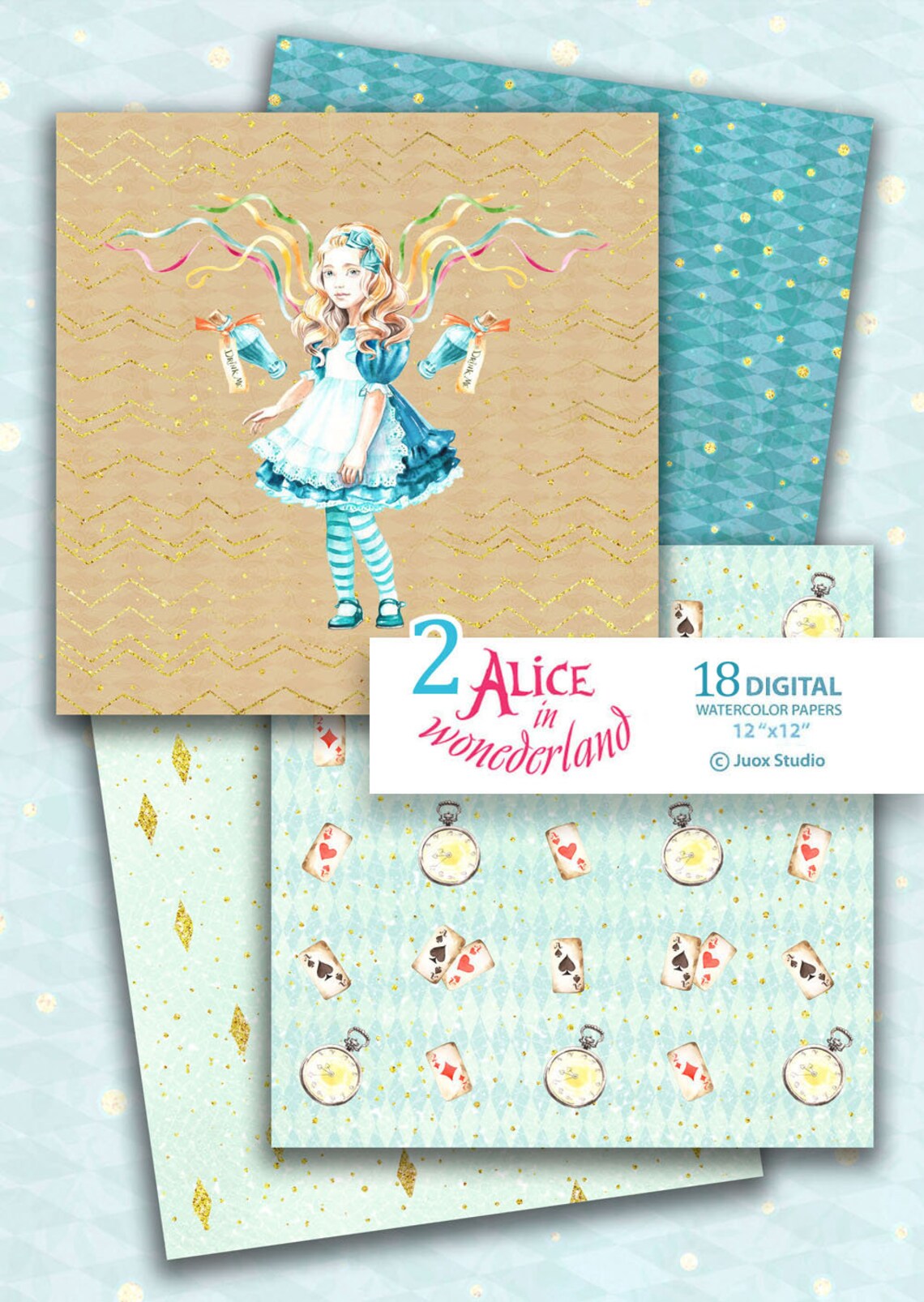 Alice 2 Paper Pack, Alice Digital Paper, Watercolor, Pink Blue Red ...
