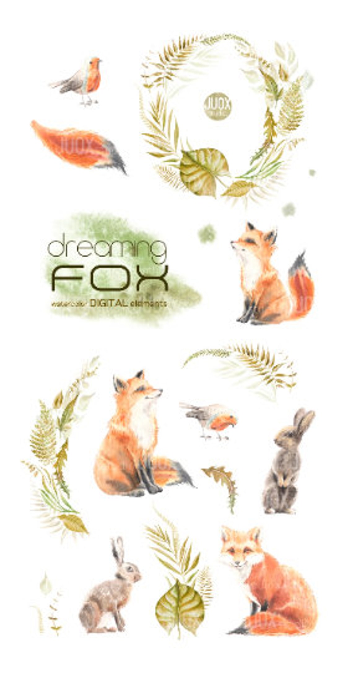 Dreaming Fox Watercolor Clipart, PNG, Fox, Birds, Artwork Digital File ...