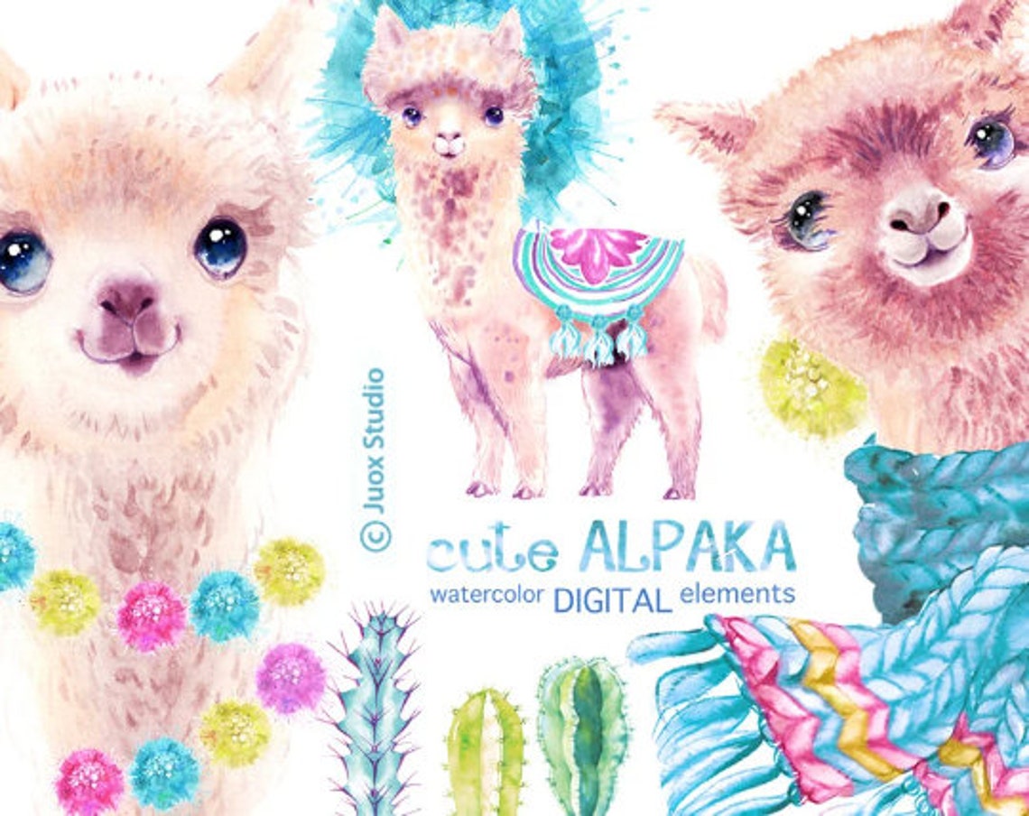 Cute Alpaca Clipart Watercolor Alpaca Cactus Holiday - Etsy