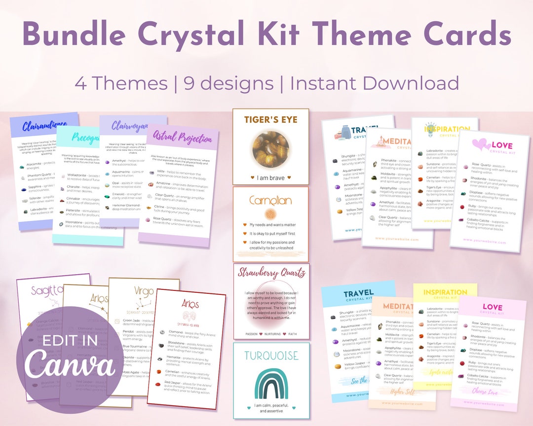 Bundle Crystal Kit Theme Cards-printable Crystal Meaning Cards-gemstone ...