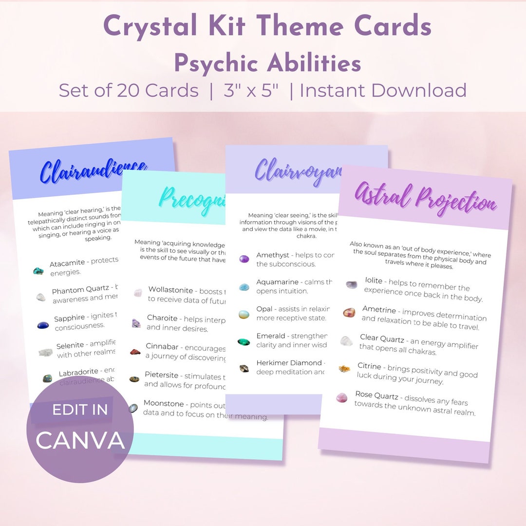 20 Psychic Abilities-crystal Meaning Cards–3”x5”– Gemstone Description ...