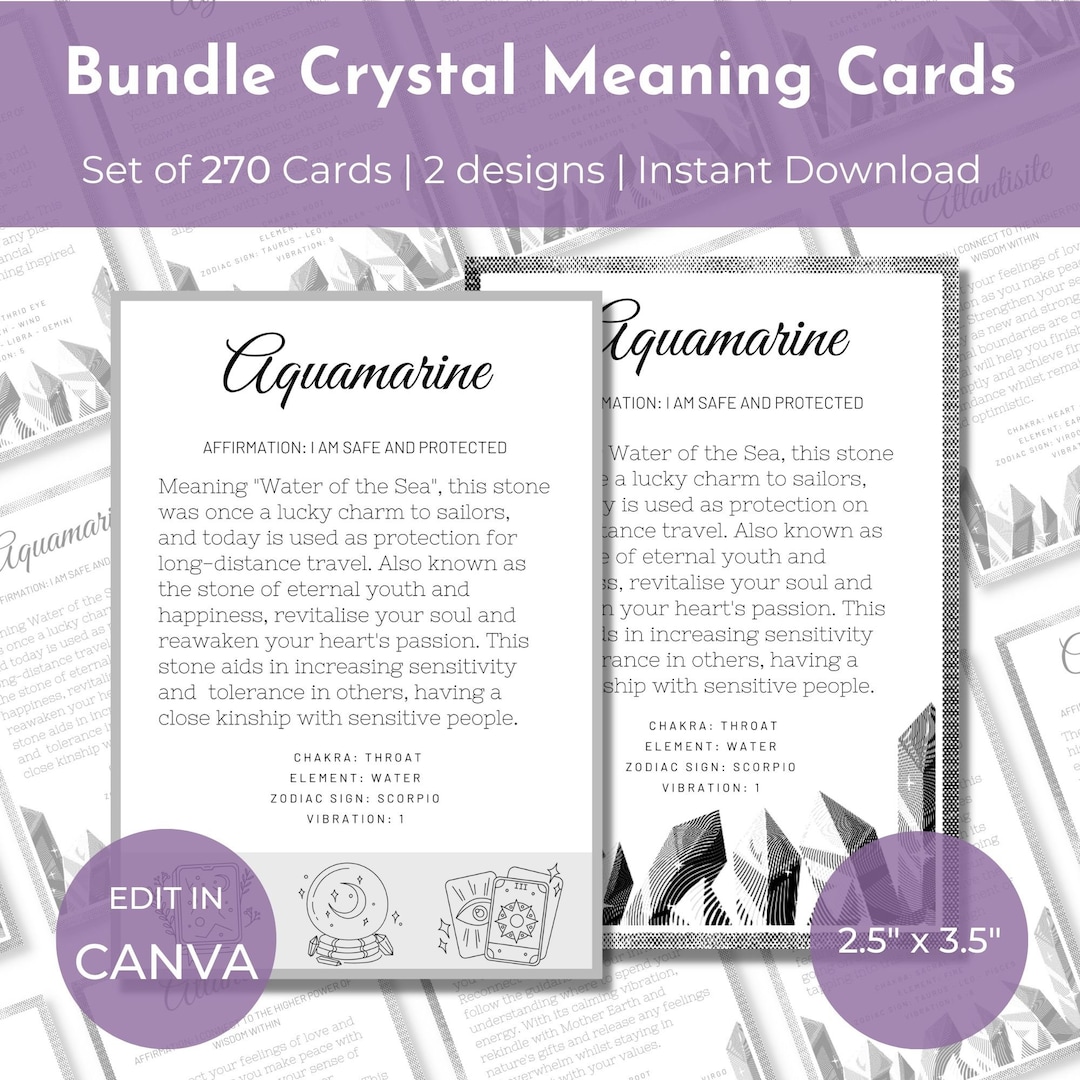 Printable Crystal Meaning Cards: 270 Card Set (digital Download) Black ...