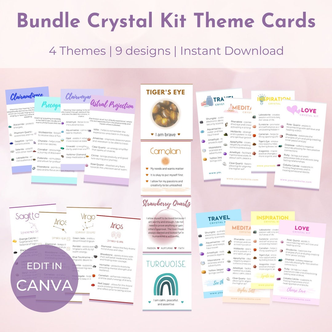 Bundle Crystal Kit Theme Cards-printable Crystal Meaning Cards-gemstone ...