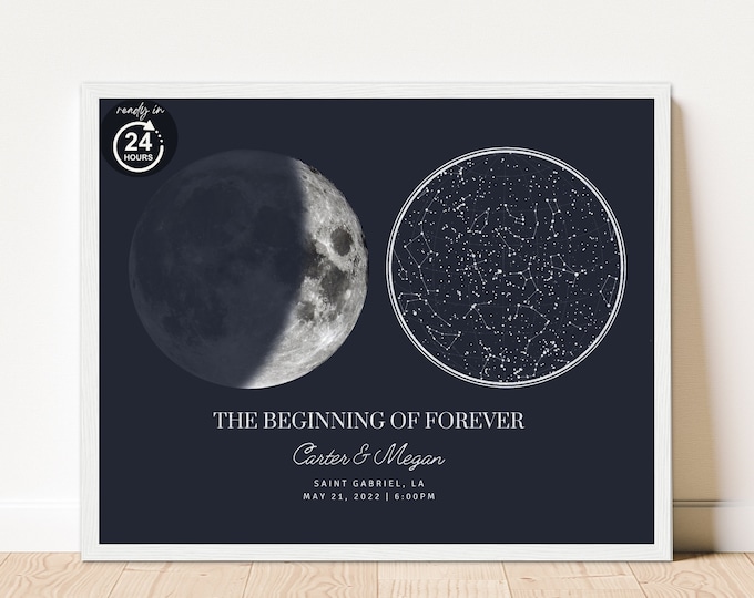 Custom Star Map and Moon Phase, Lunar Art Print, Star Map by Date and ...