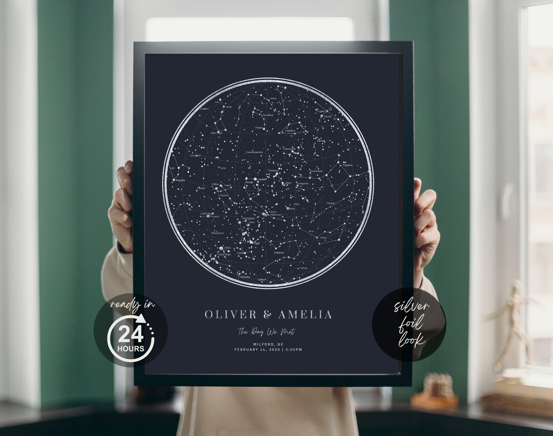 Custom Star Map by Date and Location Silver Foil Look the - Etsy