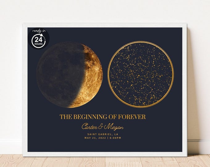 Met Engaged Married 3 Location MOON Phase STAR Map, Personalized ...