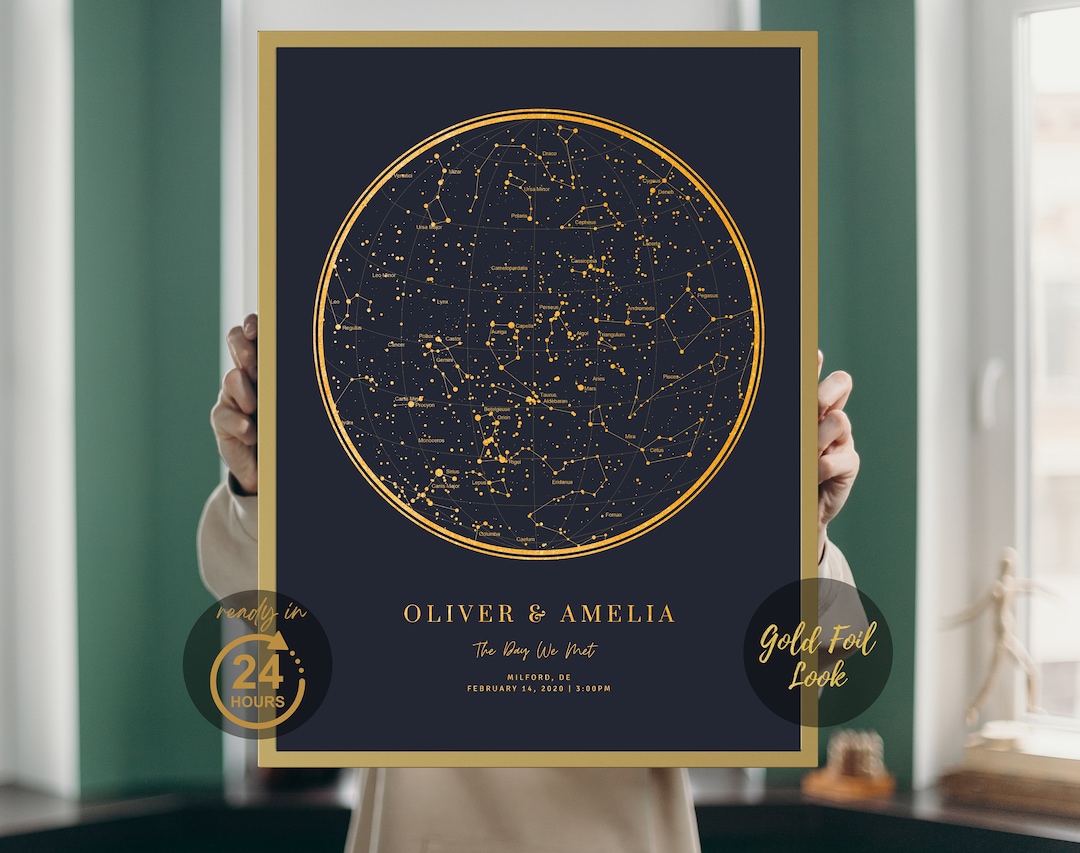 Custom Star Map Digital, Night You Were Born, Gold Foil Look the Night ...