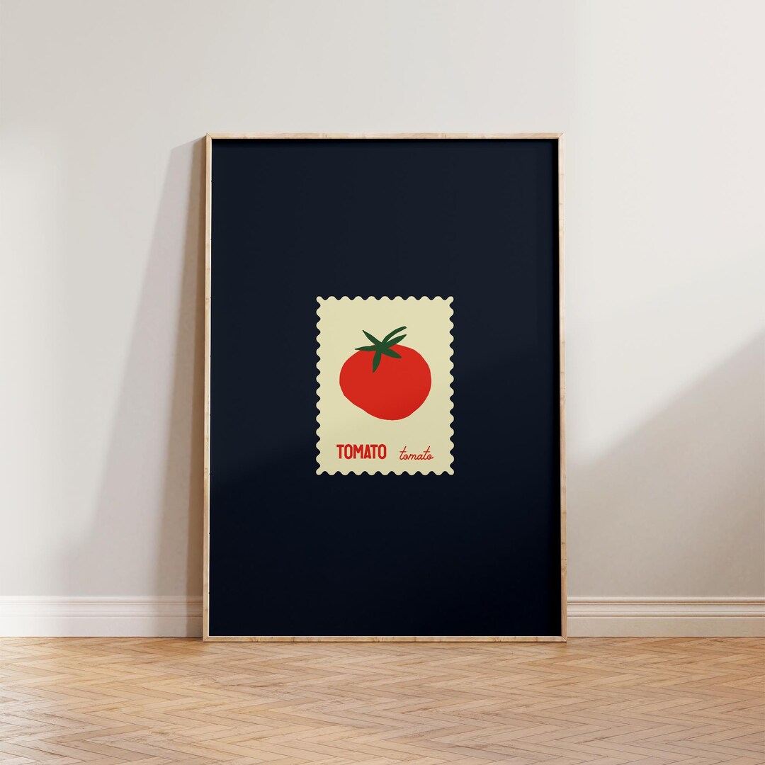 Retro Kitchen Wall Art, Tomato Stamp Print, Dark Blue Kitchen Print ...