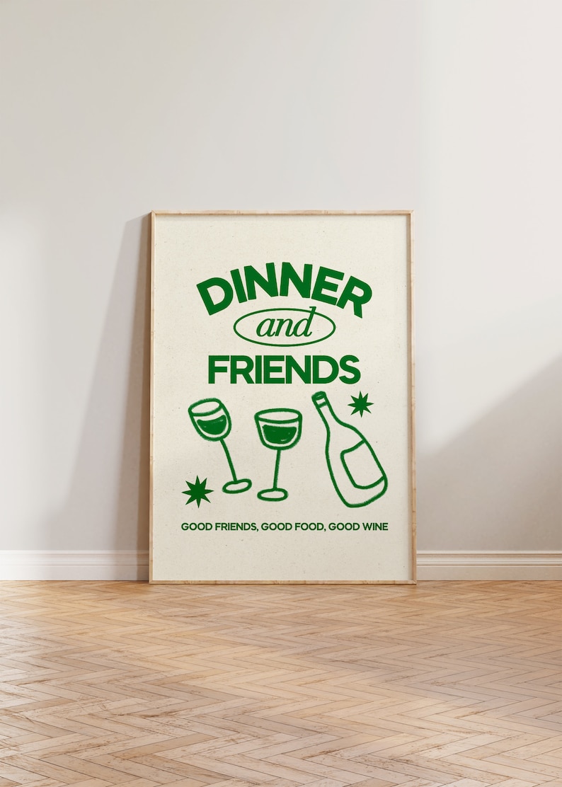 Kitchen Print, Retro Dinner and Friends Poster, Food Print, Hand Drawn ...