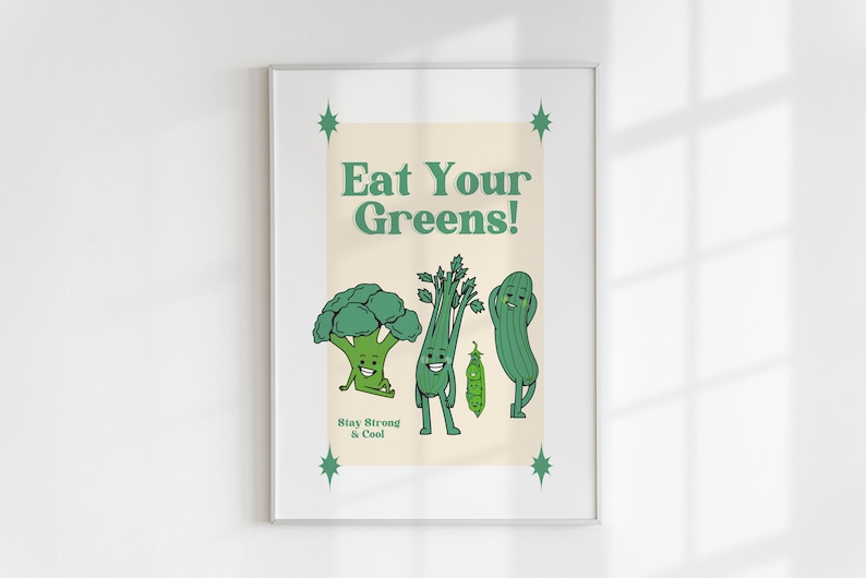 Retro Wall Art, Eat Your Greens Poster, Retro Print, Retro Wall Decor ...