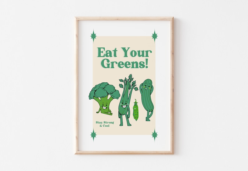 Retro Wall Art, Eat Your Greens Poster, Retro Print, Retro Wall Decor ...