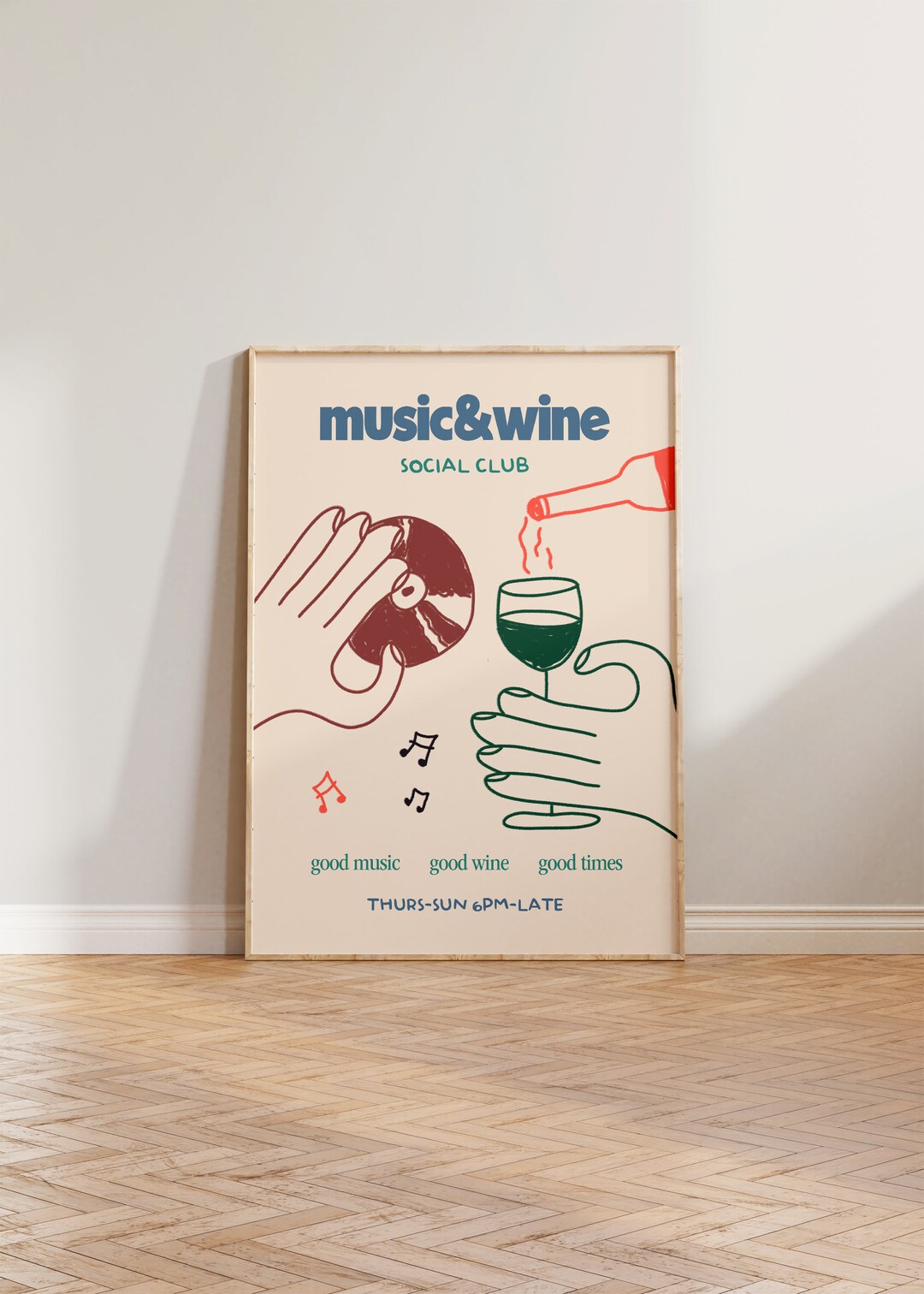 Kitchen Print, Music & Wine Illustration Wall Art, Music Poster, Wine ...