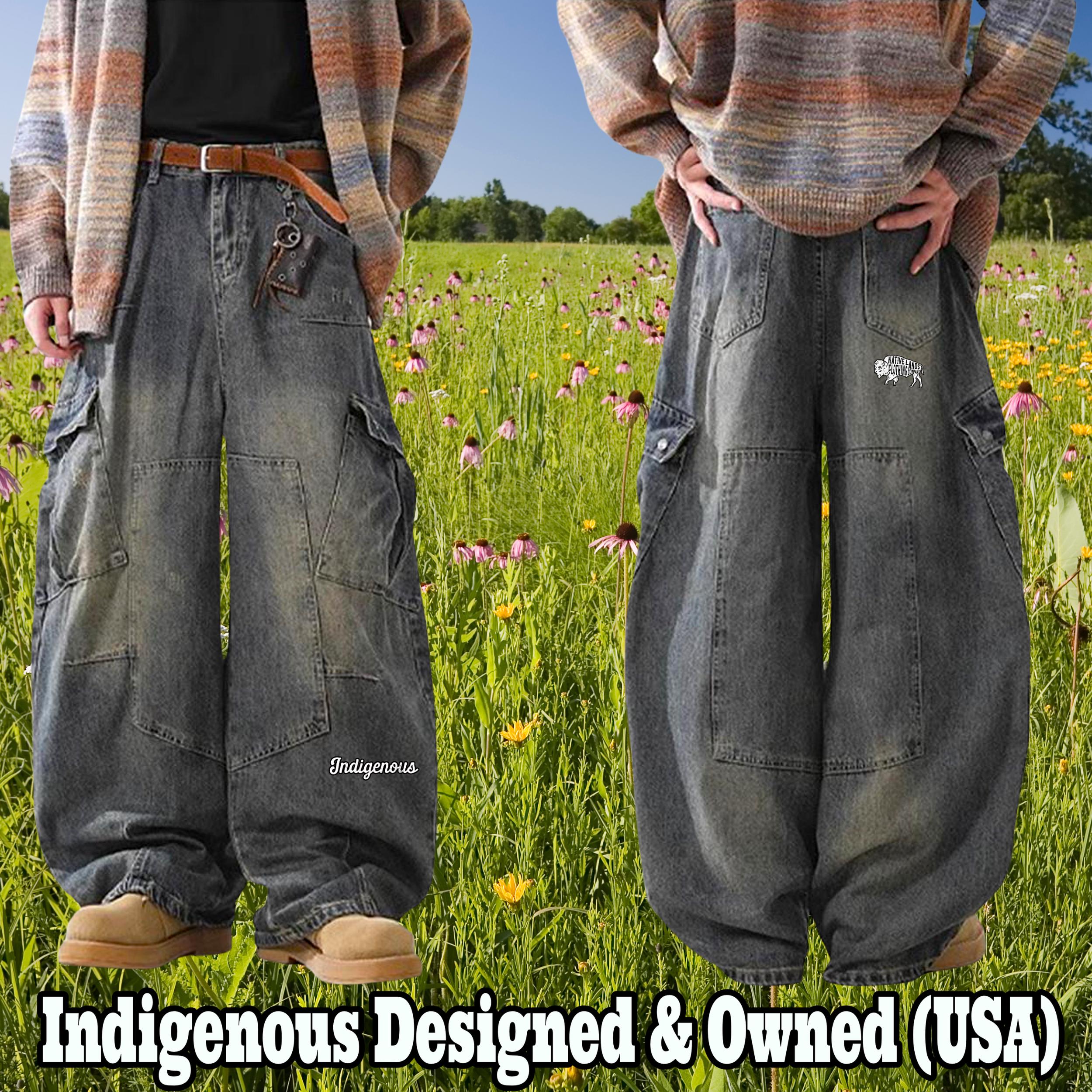 Unisex Bison Indigenous Loose-fit Vintage Washed Jeans (front/back ...
