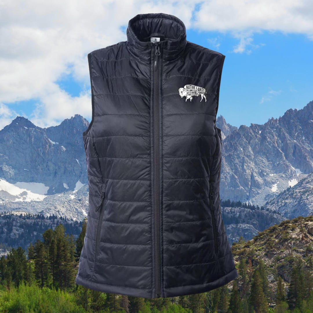 Womens Bison Embroidered Puffer Vest Jacket - Honoring First Nations ...