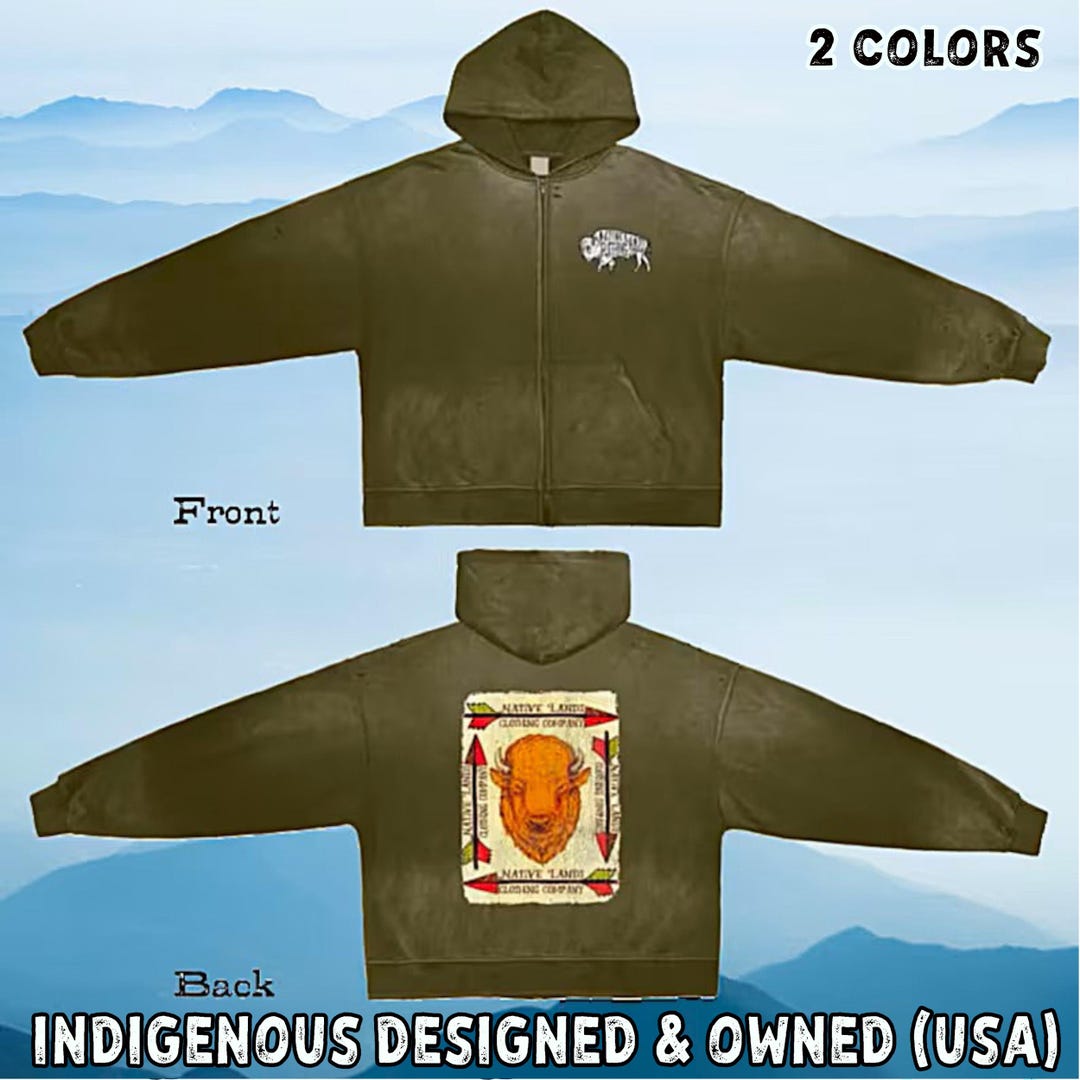 Bison Arrows Hand-frayed Monkey Washed Cotton Zip Hoodie (front/back ...