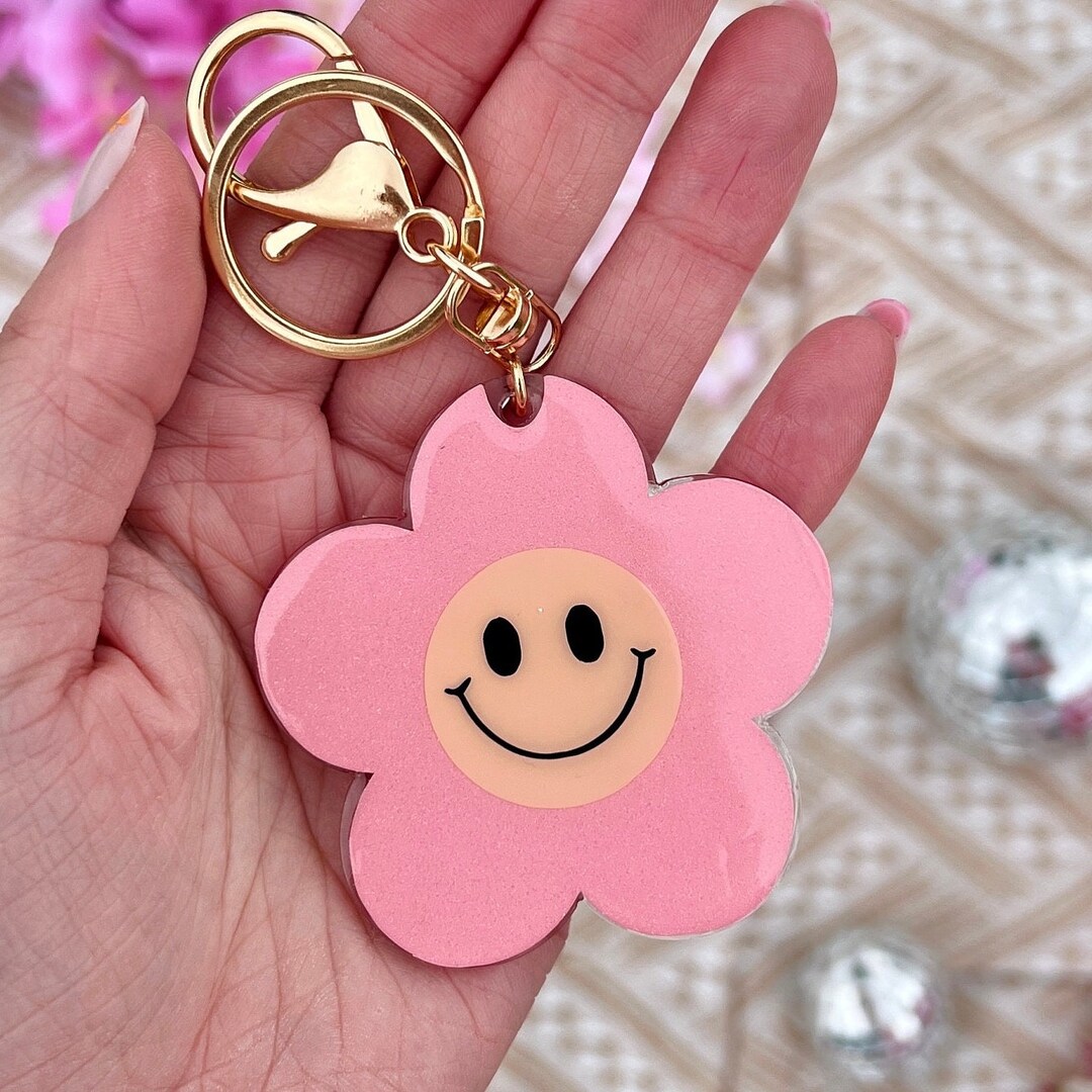Smiley Daisy Keychain Pink Sparkle Keychain Acrylic - Etsy