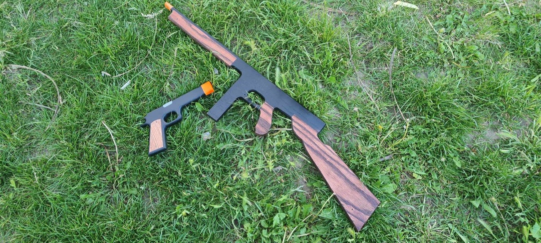 Wooden Set of Two Toy Guns Thompson Submachine Gun and 1911 Pistol Prop ...