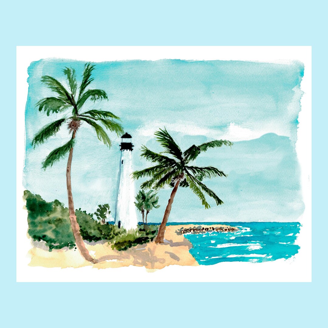 Cape Florida Lighthouse Key Biscayne Florida Watercolor Print - Etsy