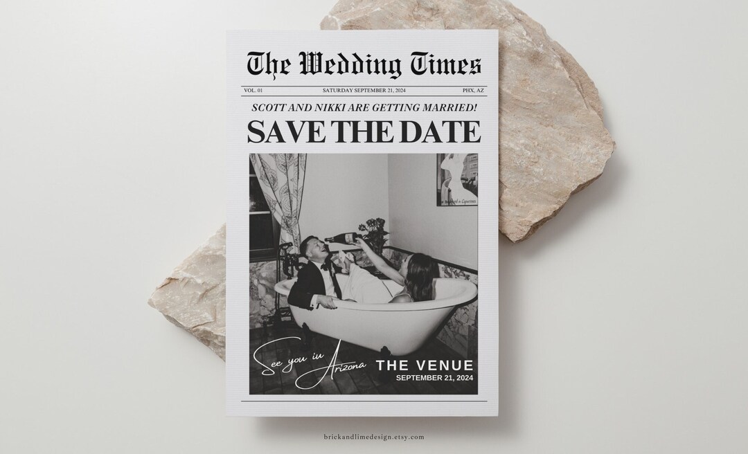 Newspaper Save the Date Card | Digital Canva Template, Instant Download ...