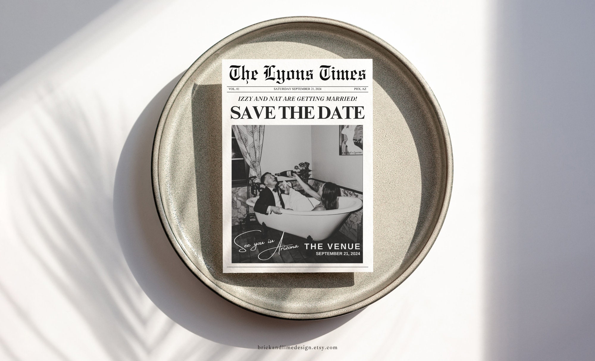 Newspaper Save the Date Card | Digital Canva Template, Instant Download ...