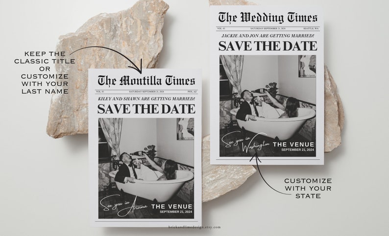 Newspaper Save the Date Card | Digital Canva Template, Instant Download ...