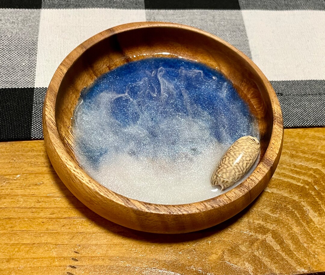 Carved Wood & Resin Ocean Jewelry Dish, Nautical Trinket Tray, Wave ...