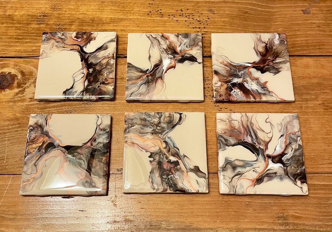 6ct Neutral & Metallic Fluid Art Coaster Set W/crate Holder Functional ...