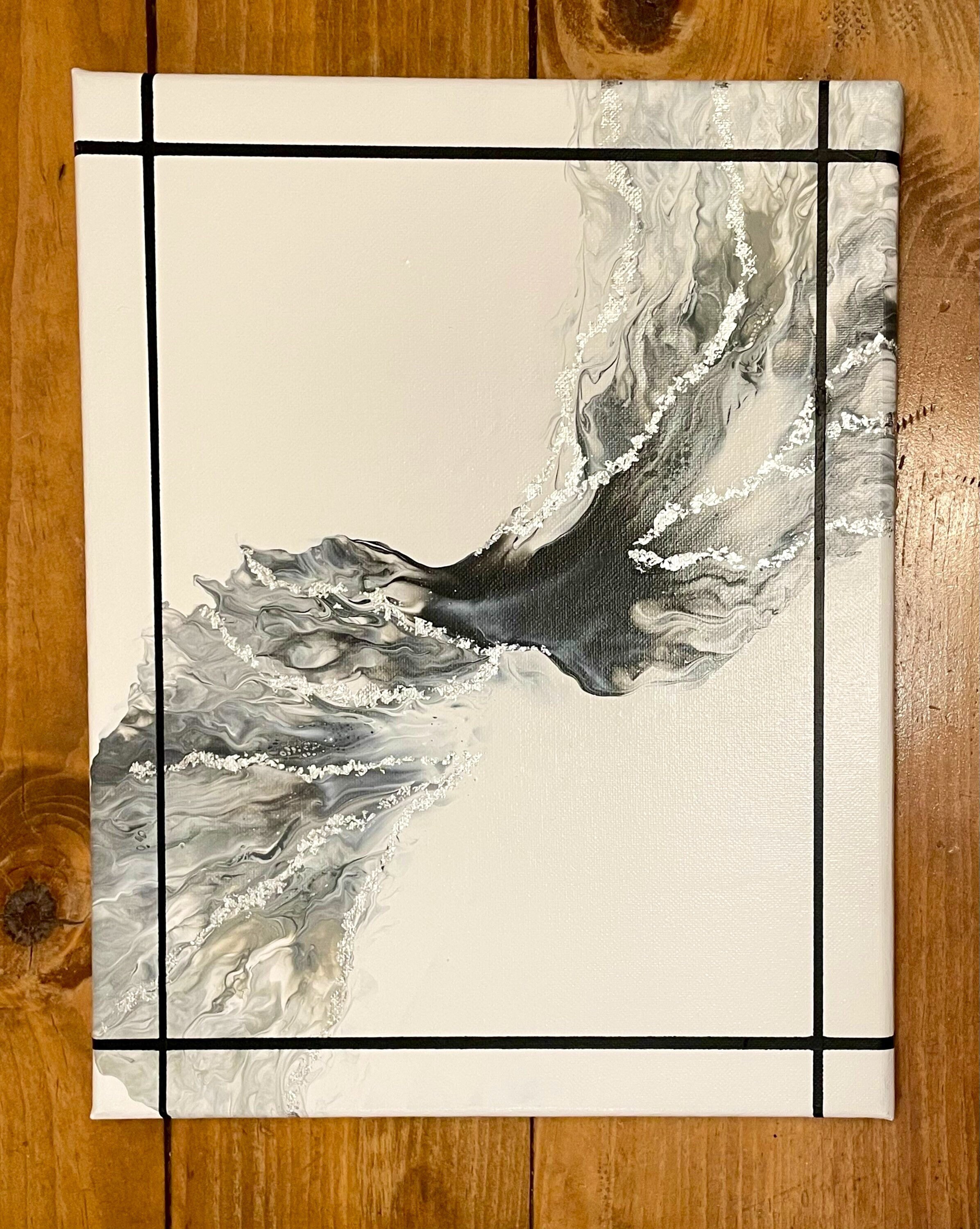 Black and White Fluid Art Painting W/silver Leaf & Border, 11x14 Dutch ...