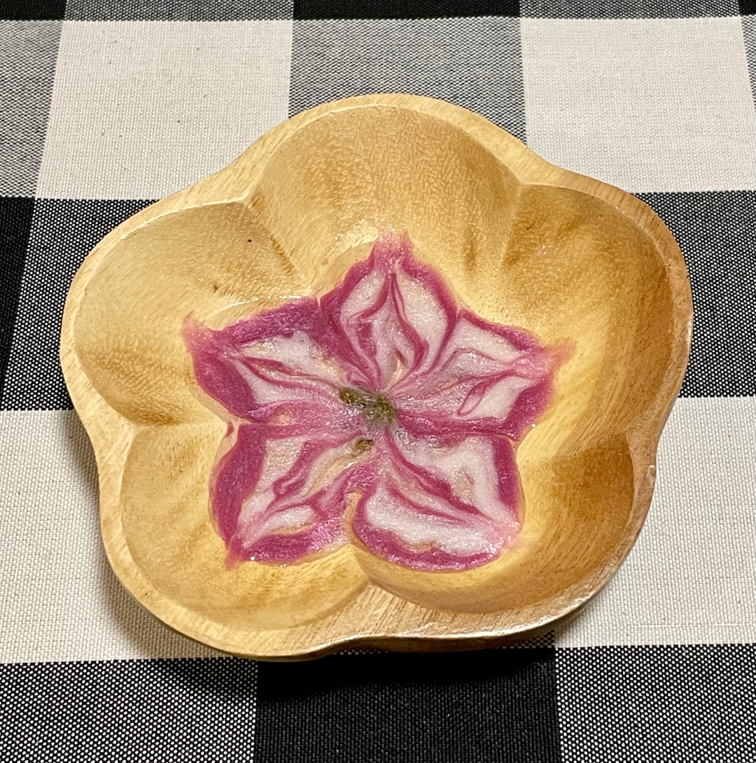 Pink Flower Wood & Resin Ring Dish, Floral Jewelry Dish, Functional Art ...
