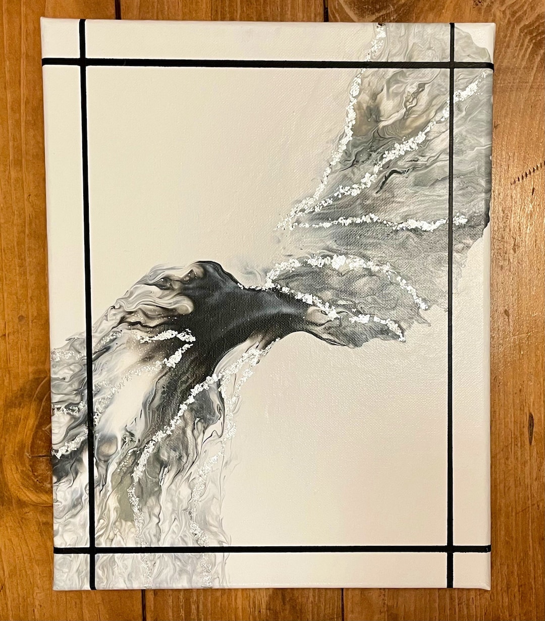 Black and White Fluid Art Painting W/silver Leaf & Border, 11x14 Dutch ...