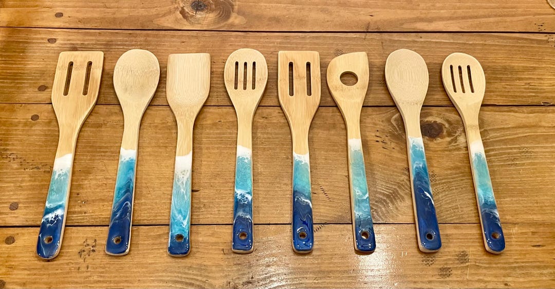Beach Bamboo Serving Utensils Resin Ocean Wood Cooking Spoons Spatula ...