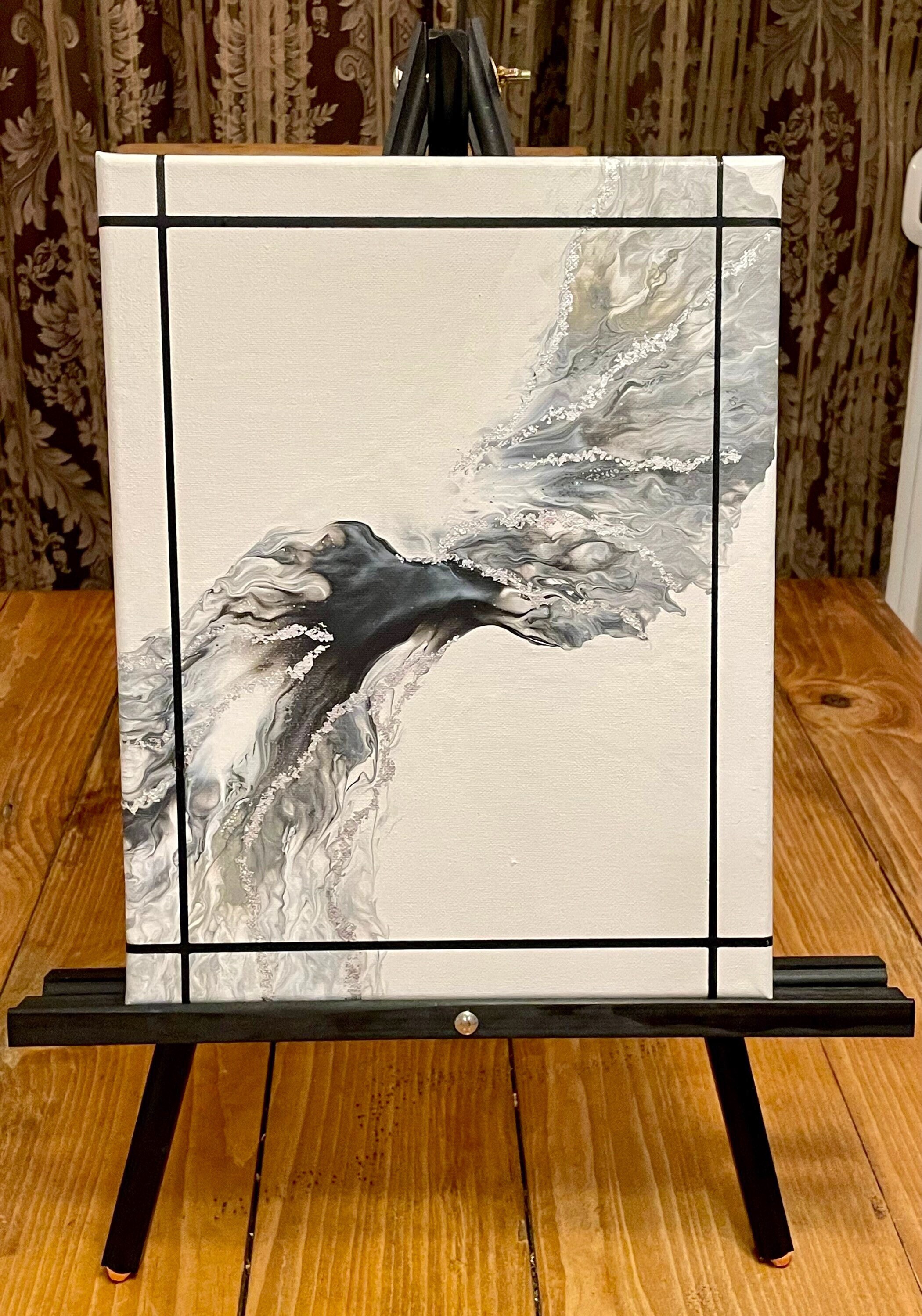 Black and White Fluid Art Painting W/silver Leaf & Border, 11x14 Dutch ...