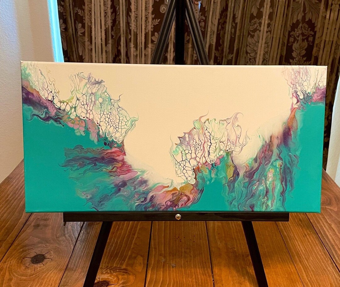 Vibrant Aqua Green & White Acrylic Dutch Pour Painting, 10x20” Fluid ...