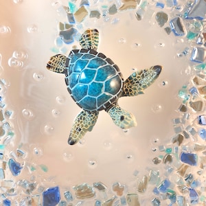 Blue Sea Turtle & Crushed Glass Wave , 8" X 10" Distressed White or ...