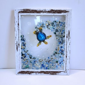 Aqua Blue Sea Turtle & Crushed Glass Wave , 8 X 10 Distressed White or ...
