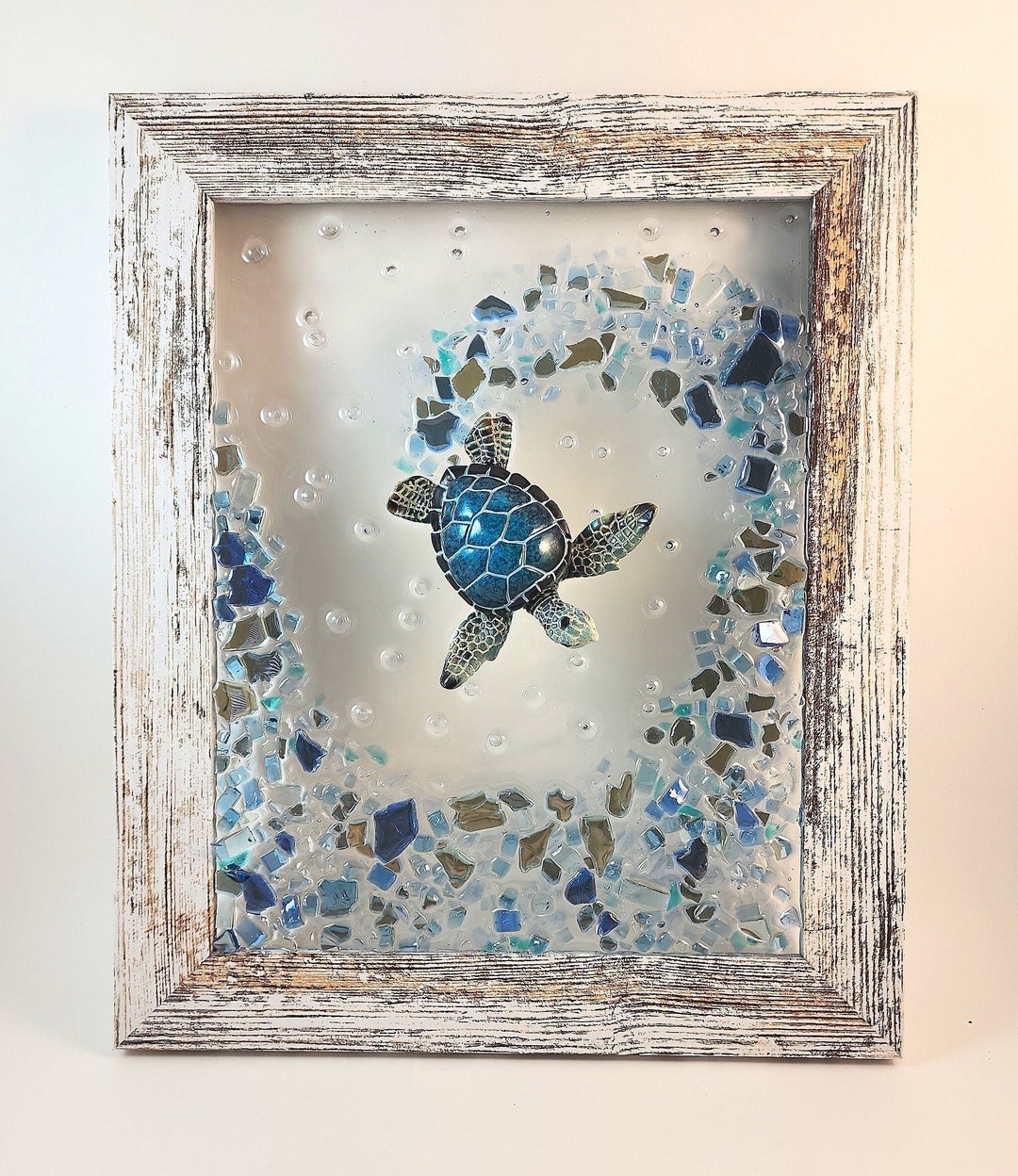 Blue Sea Turtle & Crushed Glass Wave , 8" X 10" Distressed White or ...