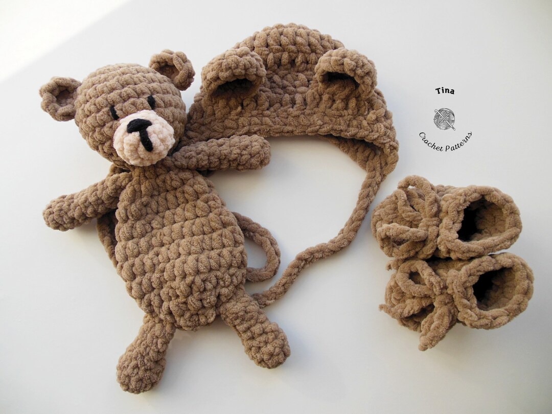 CROCHET Bear PATTERN Bear Baby Bonnet, Booties and Toy Set Easy Crochet ...