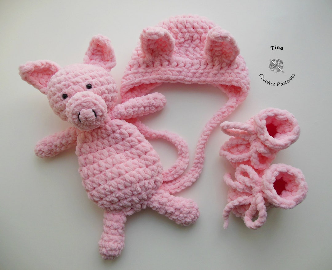 CROCHET Piglet PATTERN Piglet Plush Baby Bonnet, Booties and Toy Piglet ...