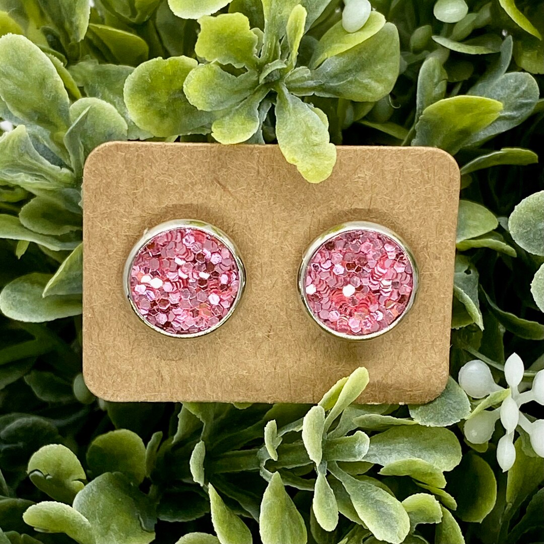 Pink Studs • Stud Earrings • Pink Glitter Stud Earrings - Etsy