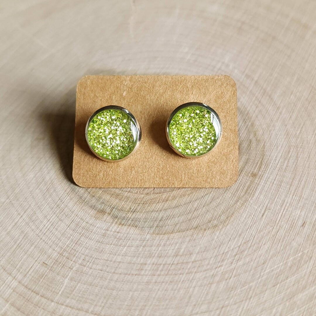 Green Studs, Stud Earrings, Green Glitter, Pear, Chartreuse, Light Green, Sparkle, Handmade ...