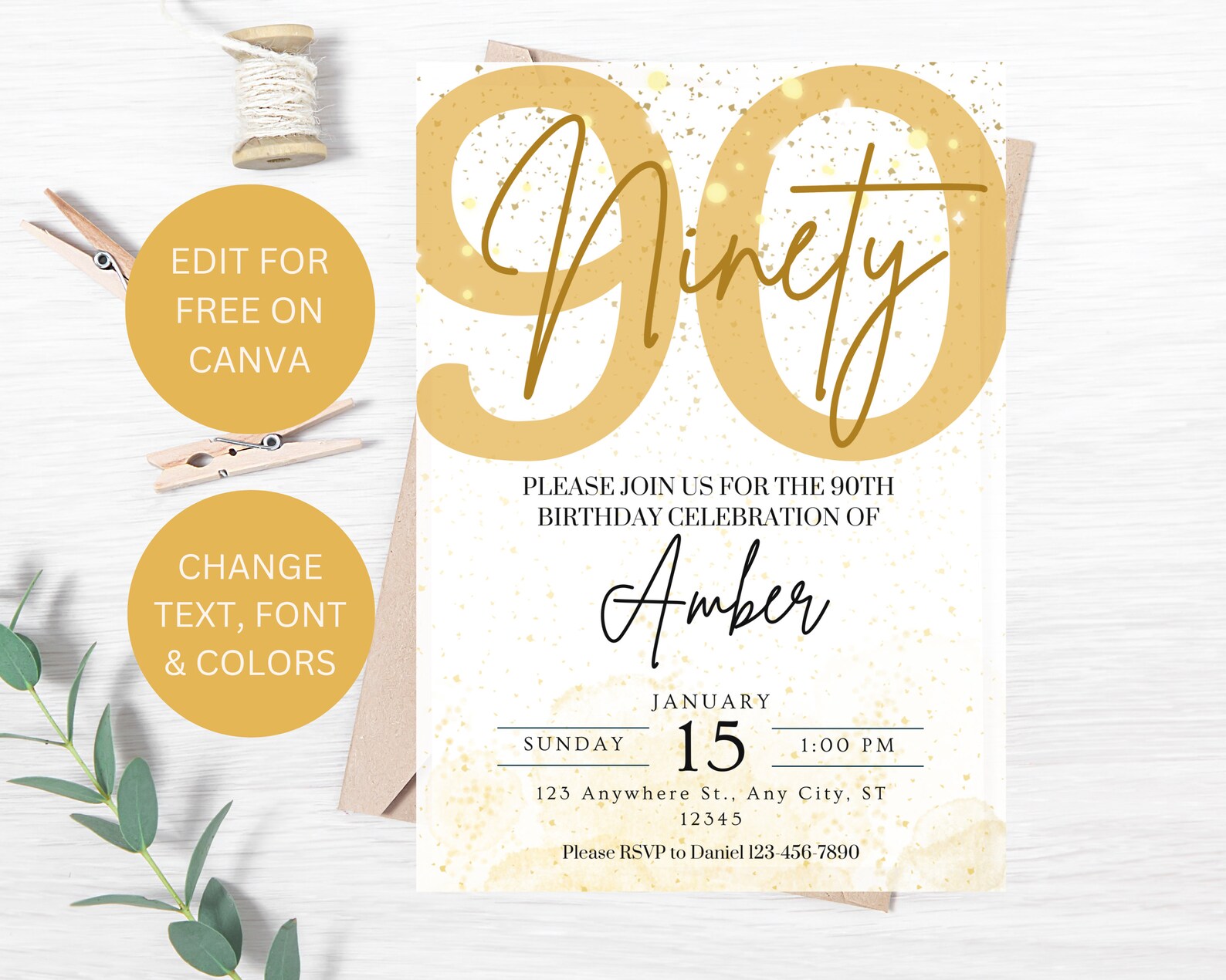 90th Birthday Invitation Template, Editable 90th Birthday Party ...