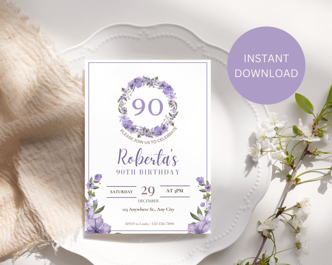 90th Birthday Invitation Template, Editable 90th Birthday Party ...