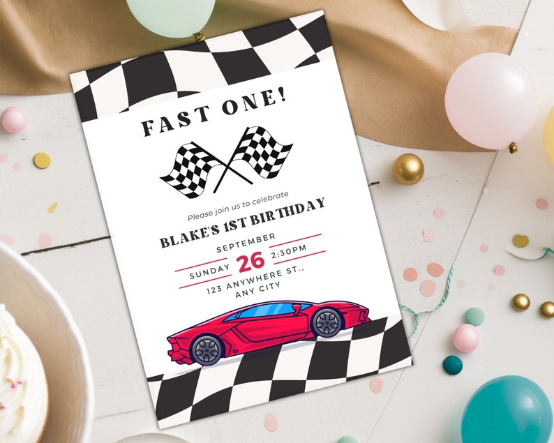 Fast ONE Birthday Invitation, First Birthday Invitation, Boy Birthday ...