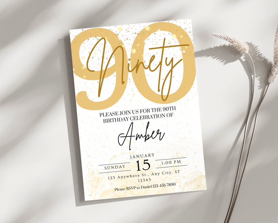 90th Birthday Invitation Template, Editable 90th Birthday Party ...