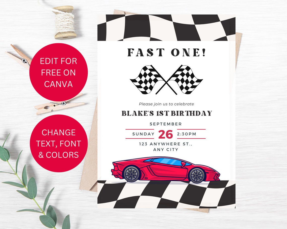 Fast ONE Birthday Invitation, First Birthday Invitation, Boy Birthday ...