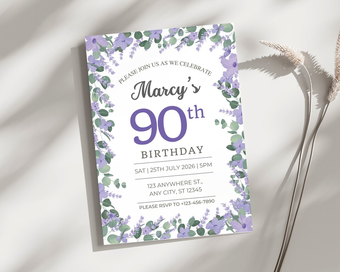90th Birthday Invitation Template, Editable 90th Birthday Party ...