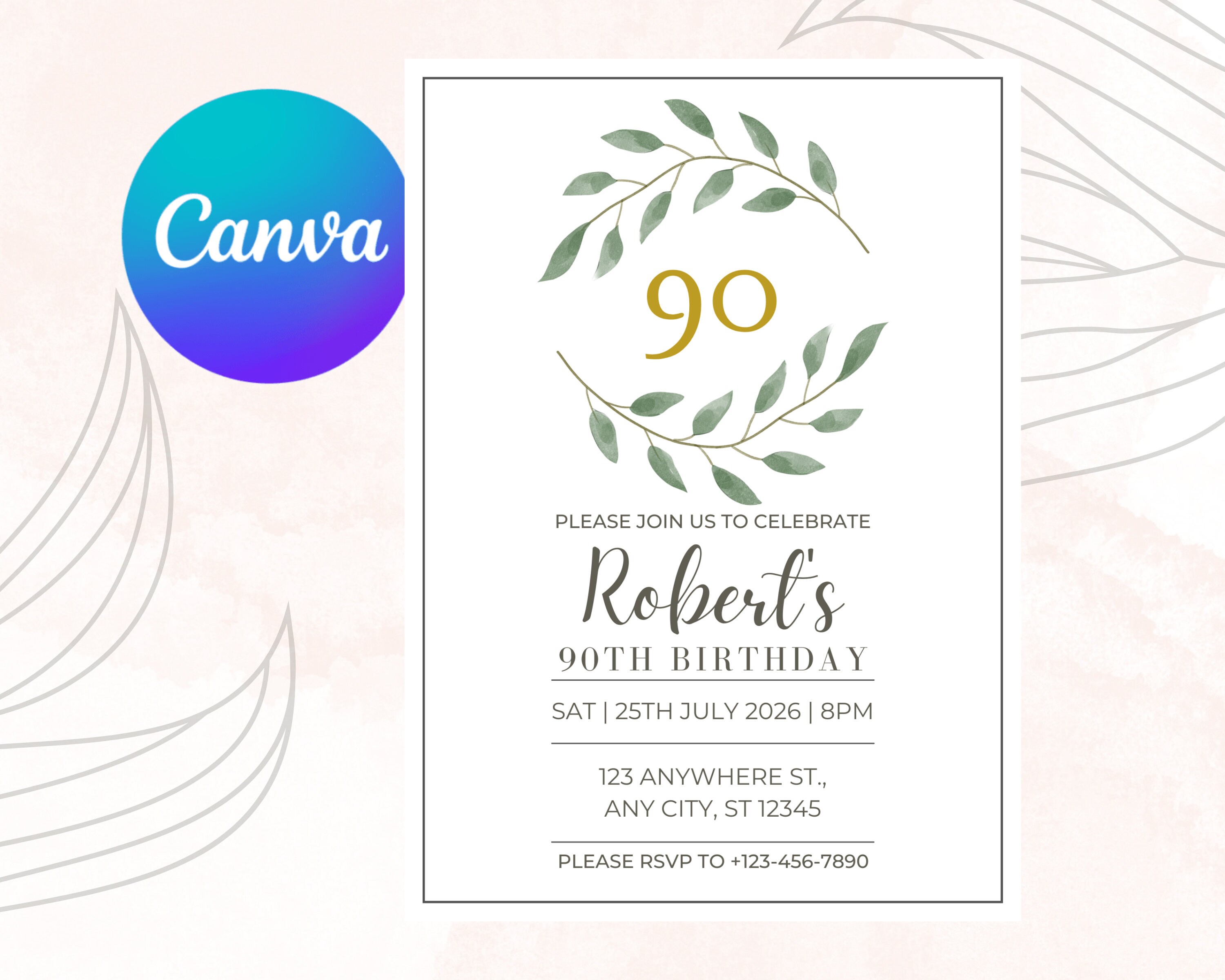 90th Birthday Invitation Template, Editable 90th Birthday Party ...